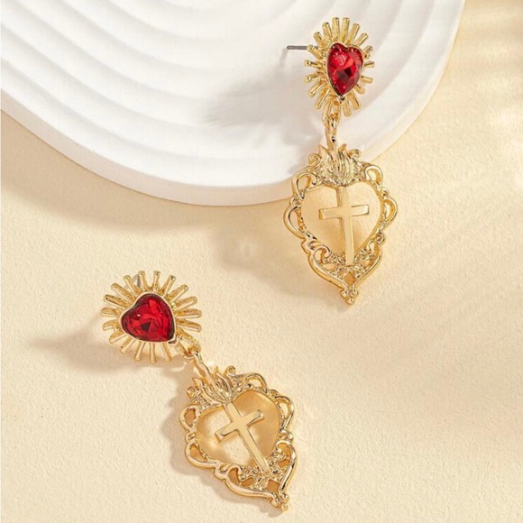 Jewelry | Sacred Heart Cross Exploding Sunburst Red Fiery Ornate ...